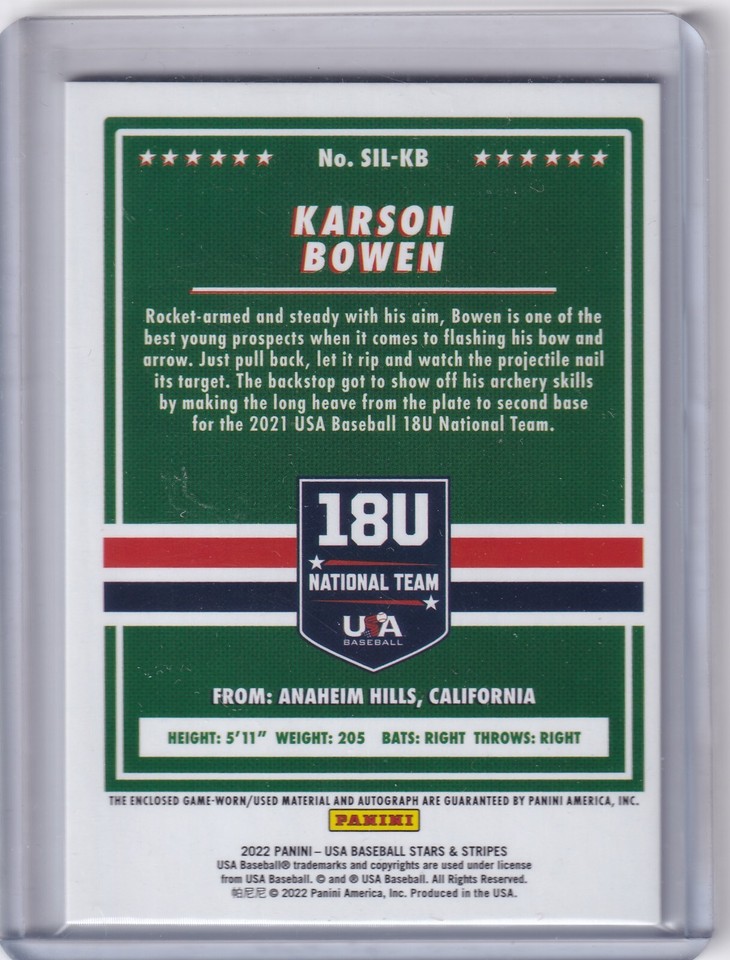 Karson Bowen 2022 Panini Stars & Stripes USA Jersey/Auto SIL-KB, 012/ ...
