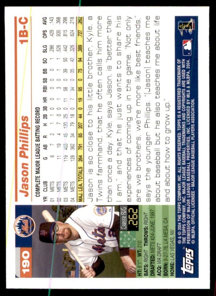2005 TOPPS JASON PHILLIPS NEW YORK METS #190 | eBay