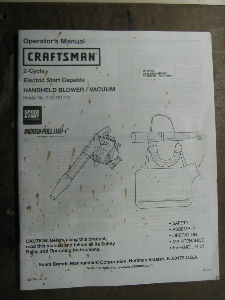 Craftsman Leaf Blower 316.791770 27cc Owners Manual | eBay