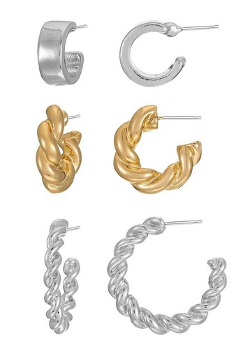 Time & Tru 3 Woman's Textured Hoop Earrings Gold Silver Tone Twisted ...