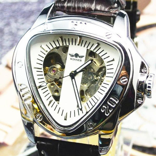 WINNER Automatic Stainless Steel Case Leather Strap Triangle Face ...