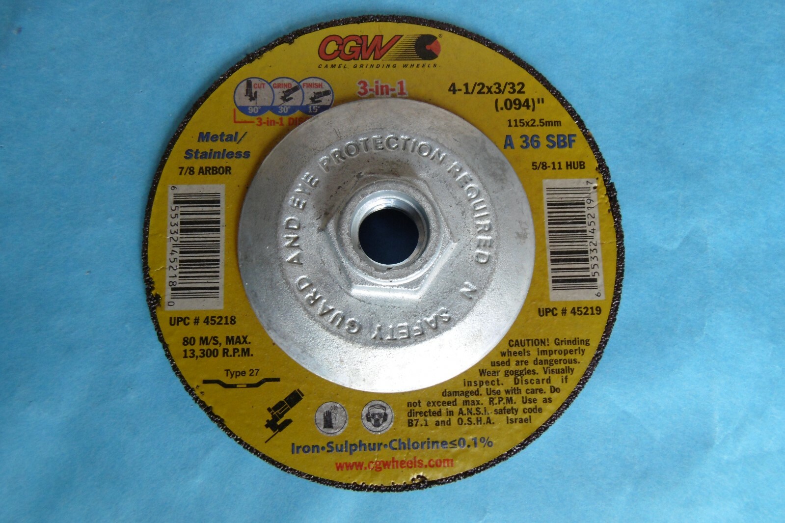 CGW 45219 4-1/2 /32 (.094) /8-11 Cut / Grind / Finish Wheel T27 for ...