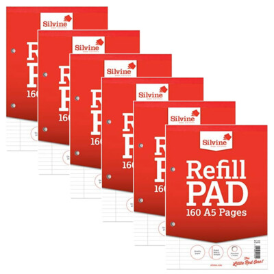 6x Silvine A5 Refill Pad Feint & Margin Notepad 160 Pages (A5RPFM ...
