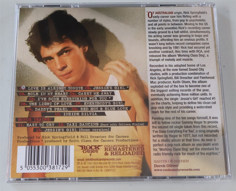 Rick Springfield Working Class Dog CD new Rock Candy Records Reissue | eBay