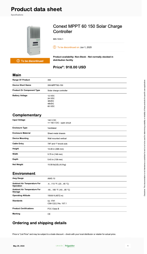 Schneider Electric 865-1030-1 Conext MPPT 60 150 Solar Charge ...