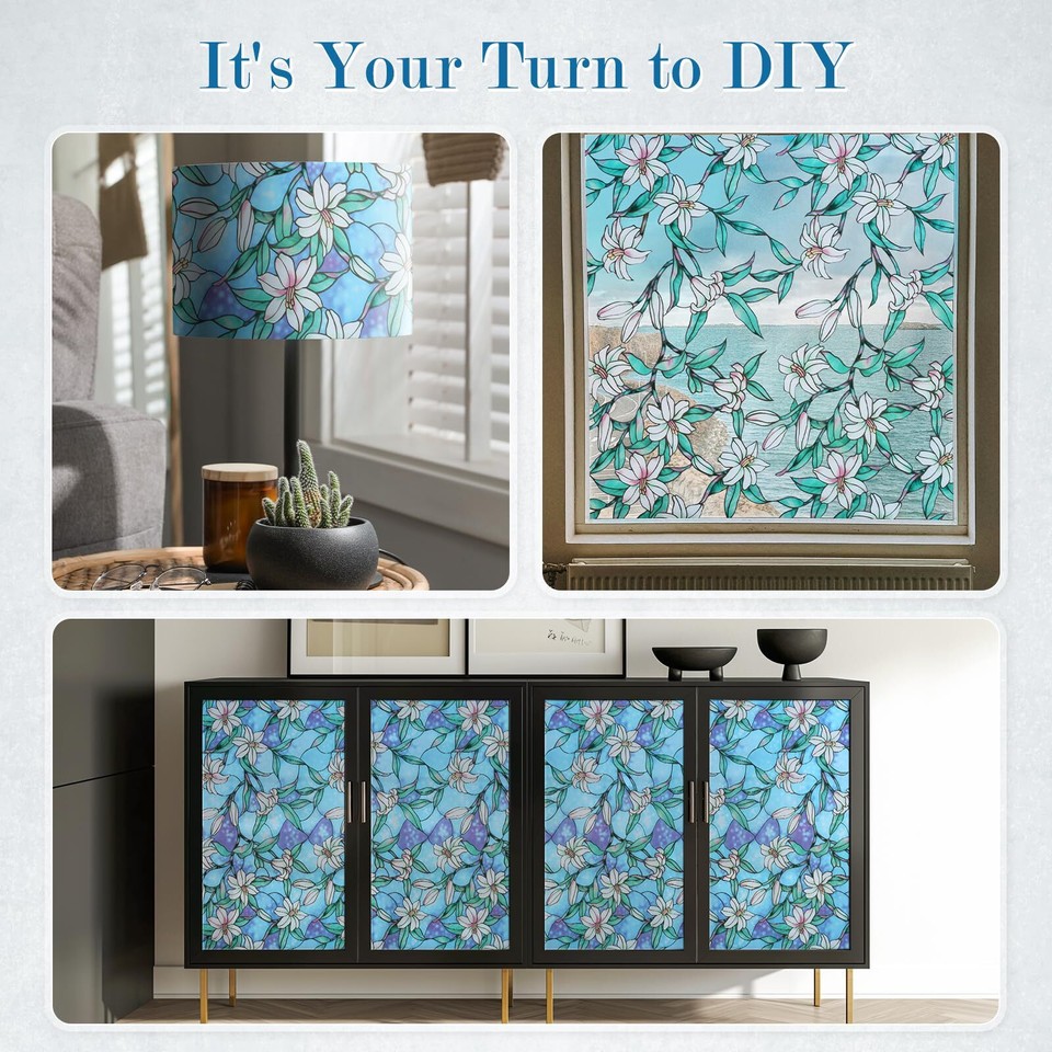 rabbitgoo Stained Glass Window Film Static Cling Blue Lily Decorative ...