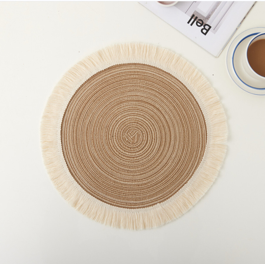 Set of 6 Burlap Round Placemats Boho Natural Jute with Fringe Rustic ...