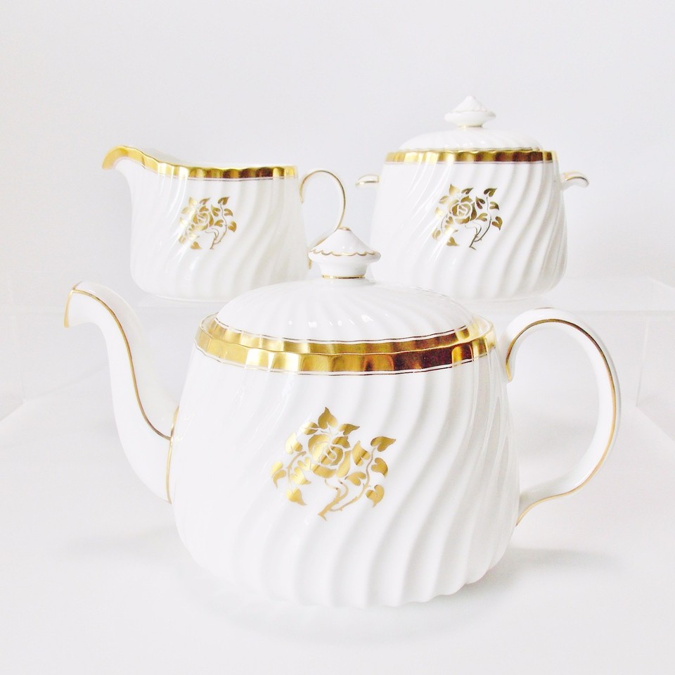 BEAUTIFUL MINTON GOLD ROSE TEA SET WHITE AND GOLD ROSE TEAPOT SUGAR AND ...