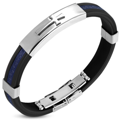Stainless Steel Blue Black Rubber Religious Cross Bracelet, 8" | eBay