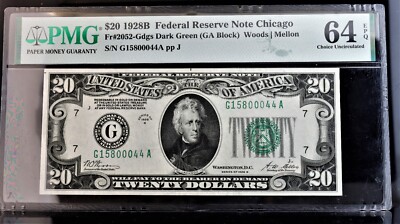 1928B $20 Federal Reserve Note Fr#2052-Gdgs Dark Green Woods/Mellon PMG ...