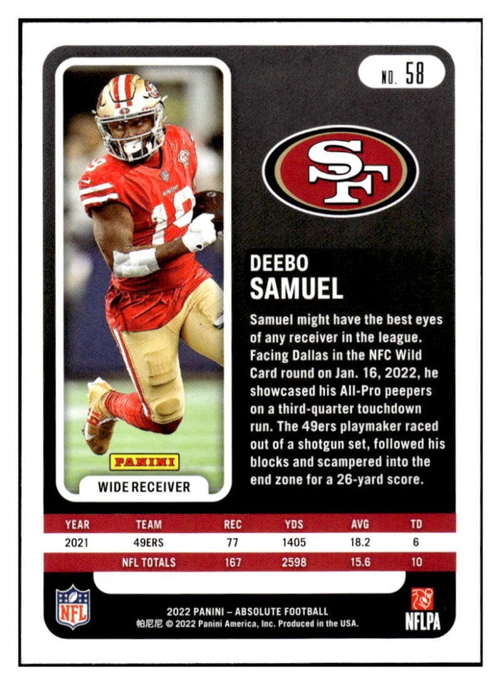DEEBO SAMUEL 2022 Panini Absolute Blue #58 NFL 49ers ID:49861 | eBay