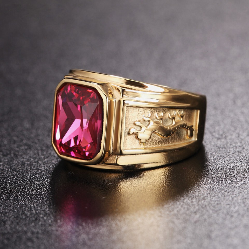 Signet Ring for Men Women Gold Plated Stainless Steel Red Stone Band ...