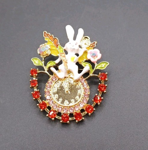 New Betsey Johnson Rhinestone Alice In Wonderland Rabbit Clock Pin ...