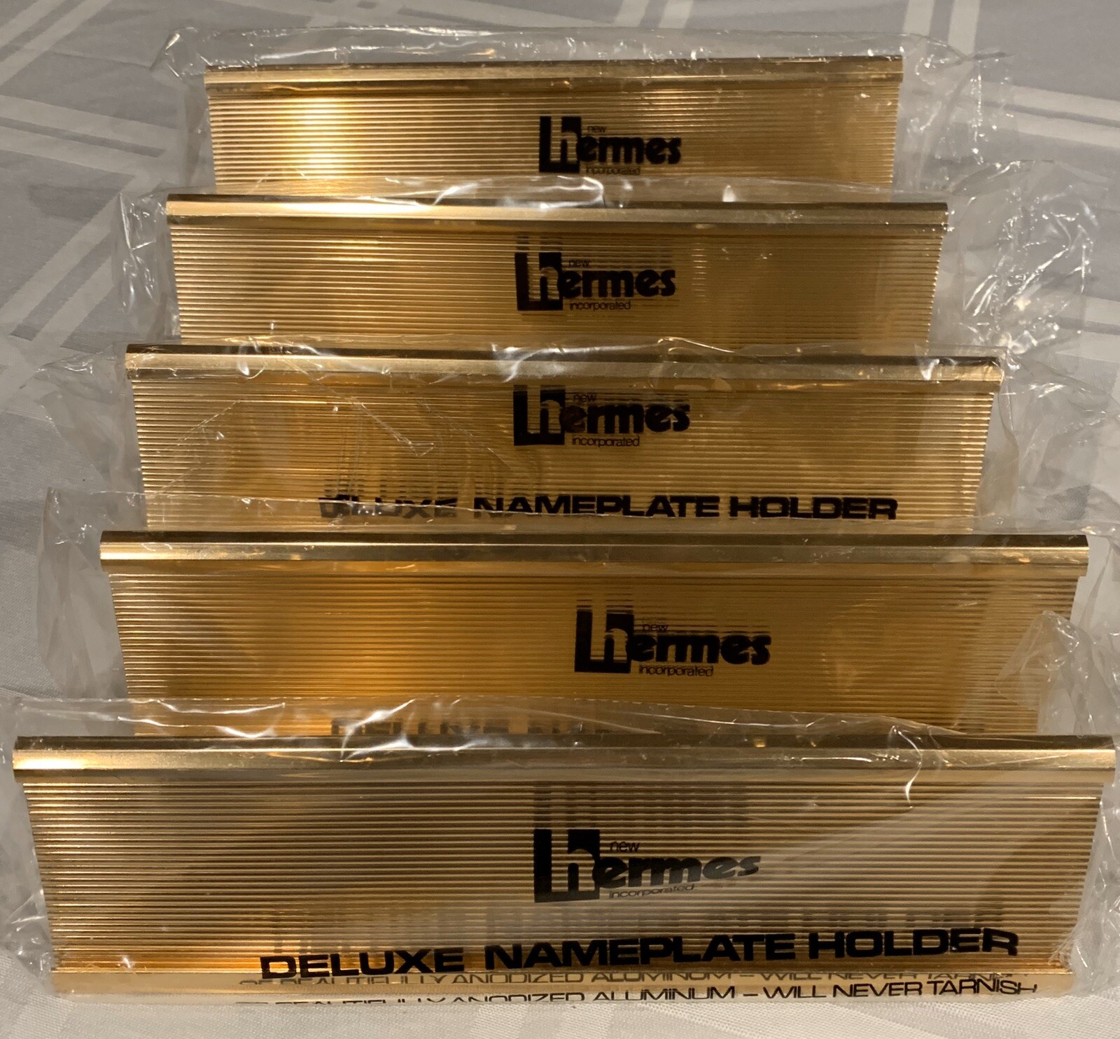Lot of 5 New Hermes Deluxe Gold Nameplate Name Plate Holder Aluminum ...
