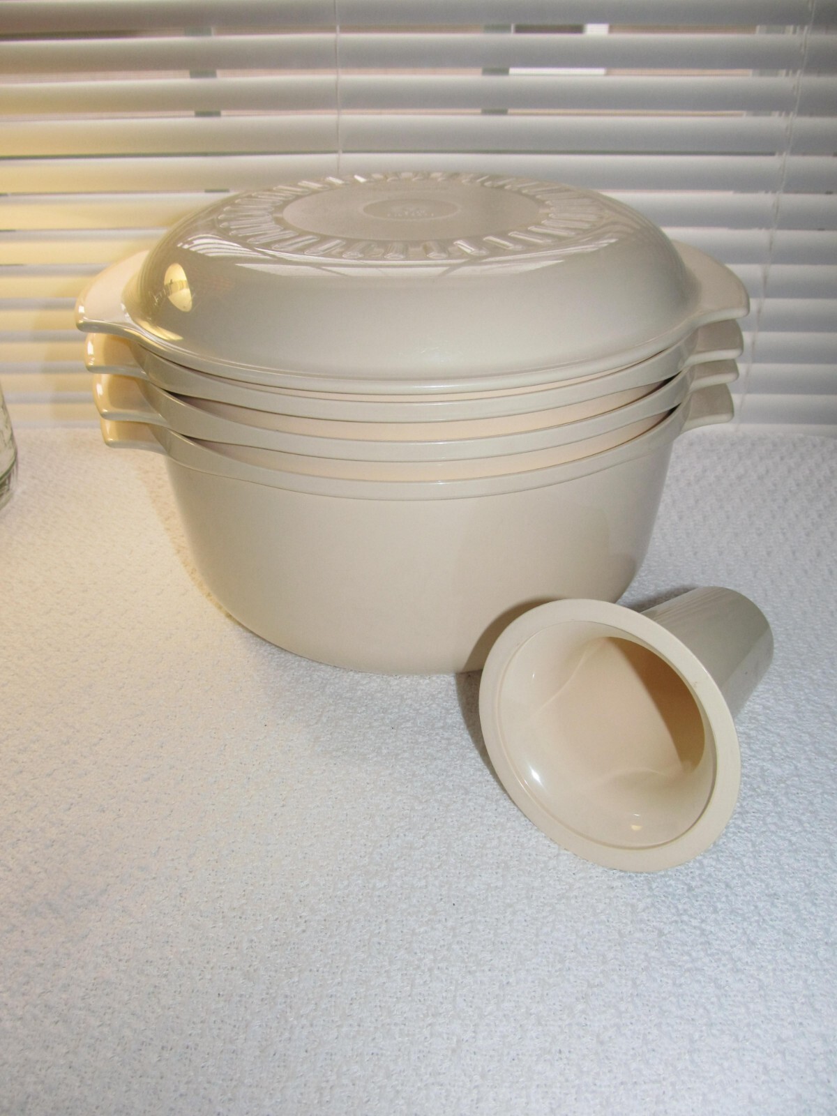 VINTAGE 5 PC 3 QT TUPPERWARE ALMOND STACKER COOKER MICROWAVE STEAMER ...