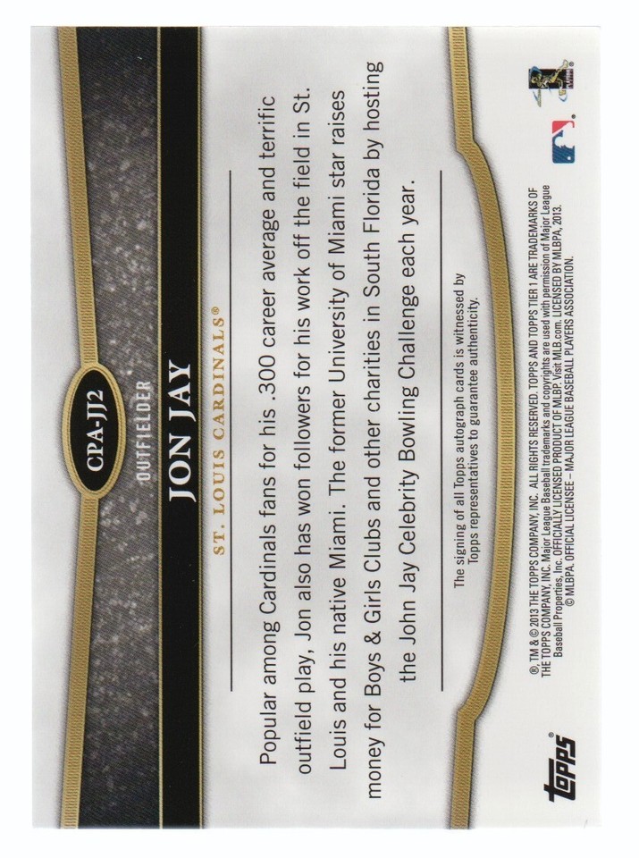 2013 Topps Tier One Crowd Pleaser Autograph #JJ2 Jon Jay Auto /299 - NM ...
