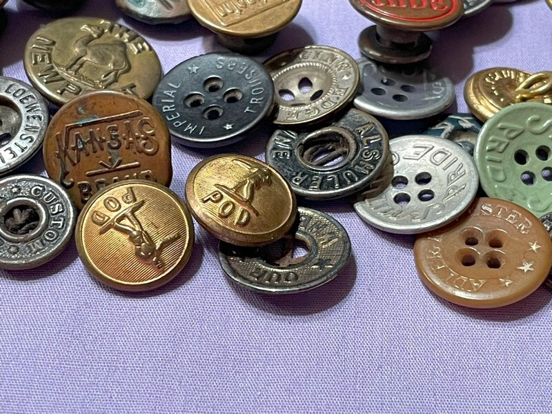 42 ANTIQUE WORK VERBAL BUTTONS BRASS ZINC BUTTONS RAILROAD OVERALLS ...