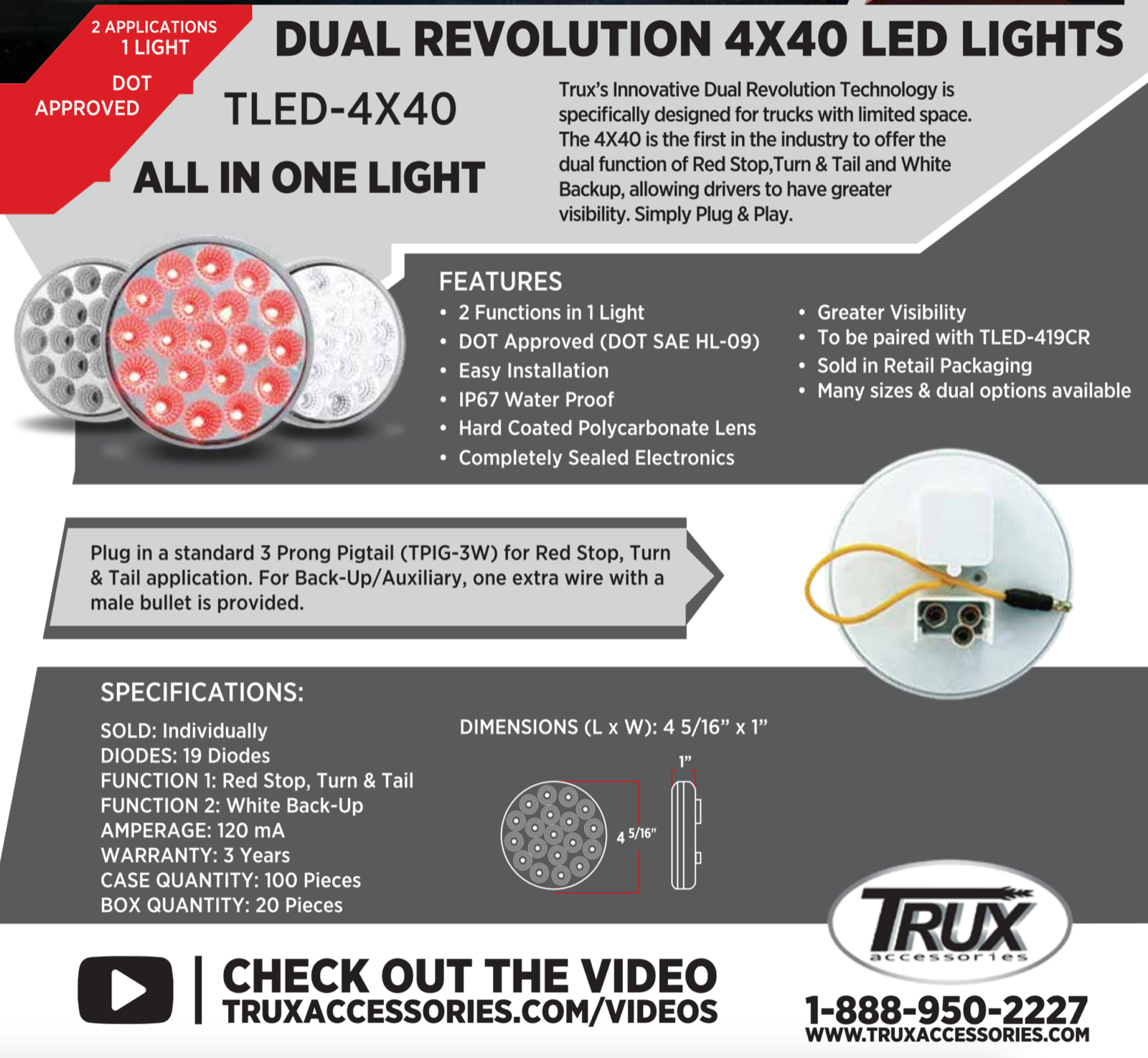 Trux TLED-4X40 4 Inch Round 19 Diode Red/White Dual Revolution LED Light