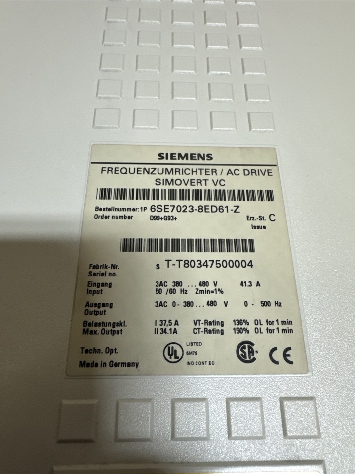 Siemens Simovert VC Drive 6SE7023-8ED61-Z Warranty Fast Shipping | eBay