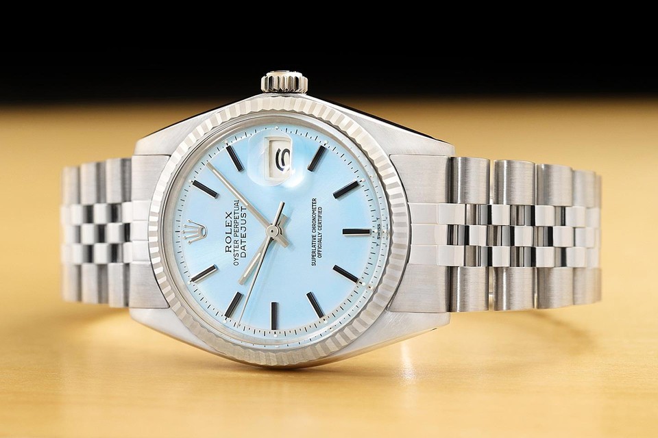 ROLEX MENS DATEJUST ICE BLUE 18K GOLD STAINLESS STEEL WATCH w/ JUBILEE ...