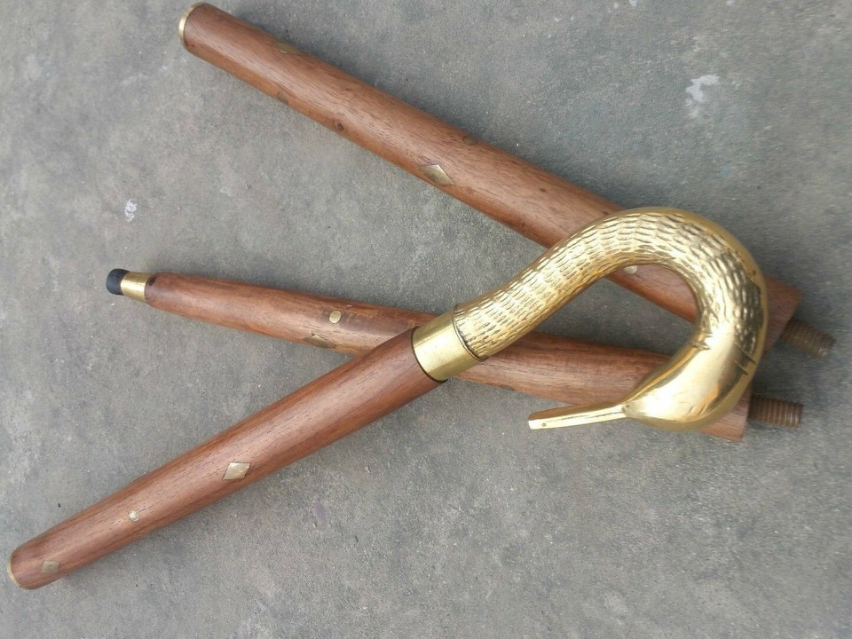 BRASS ANTIQUE VINTAGE SWAN FACE DESIGN HANDLE 3 FOLD WOODEN WALKING ...