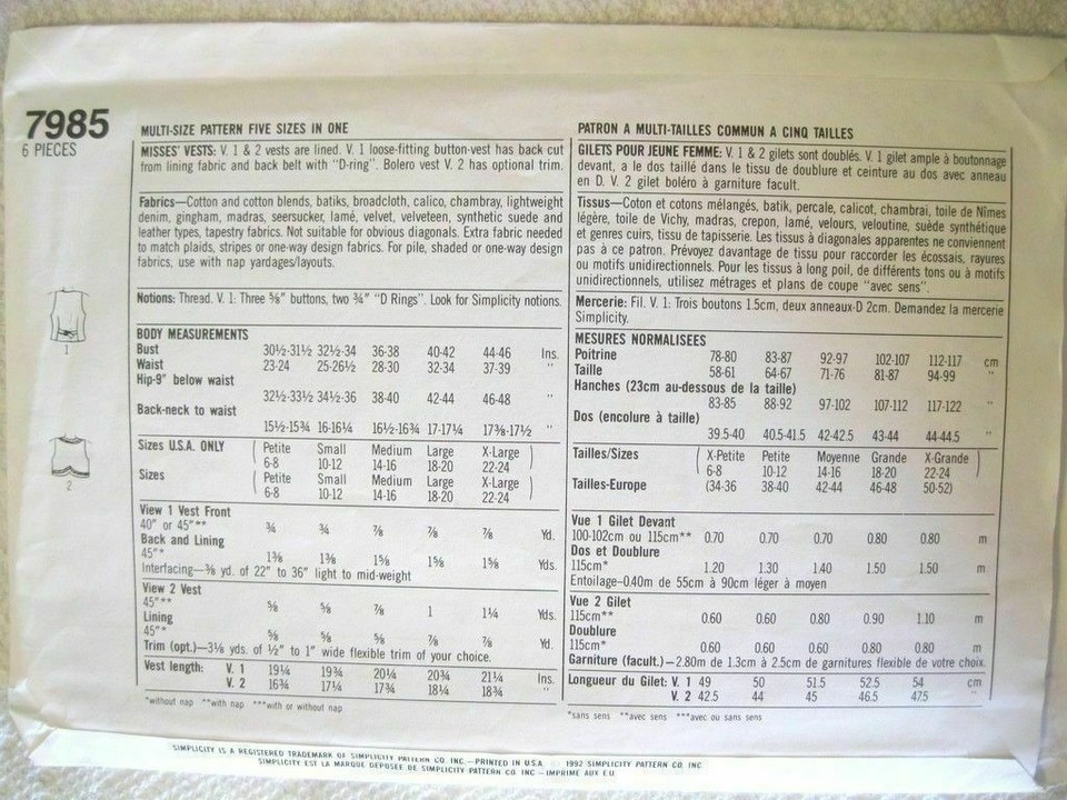 Simplicity 7985 VESTS size PT-XL (6-24) bust30.5-46 fabric pattern ...