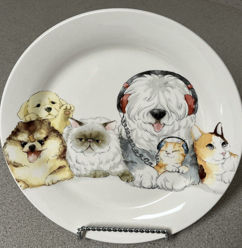 Pier 1 Dogs and Cats W/ headphones 9" Plate Ironstone Dish & Microwave ...