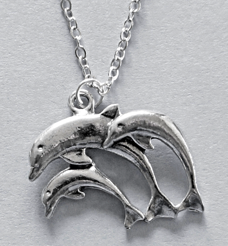 Chain Necklace #246 Pewter Three Dolphins (23mm x 21mm) Silver Tone ...