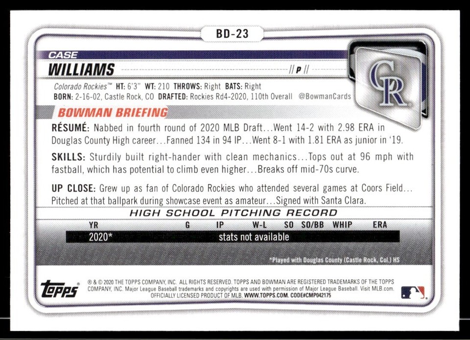 2020 Bowman Draft Case Williams G345 Colorado Rockies #BD-23 | eBay