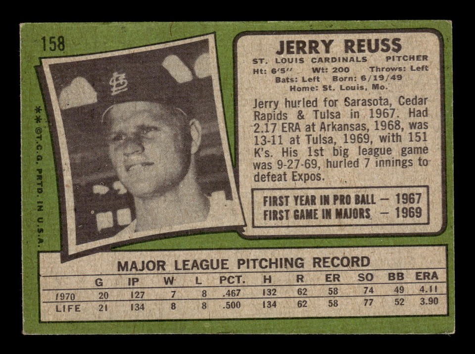 Jerry Reuss 1971 Topps #158 St. Louis Cardinals Very Good | eBay