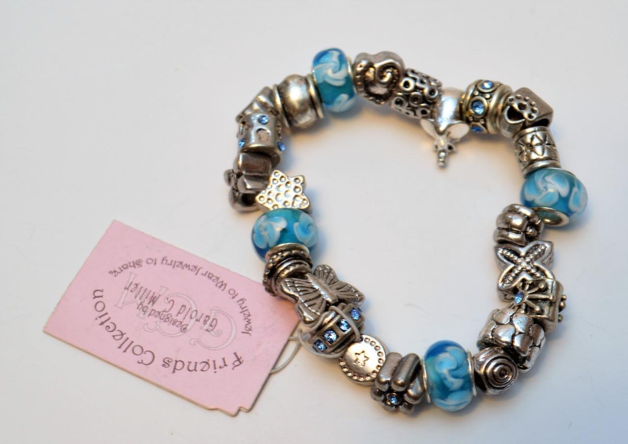 New Tag GAROLD C MILLER Silvertone Blue Faceted Beads 2 1/2" Stretch ...