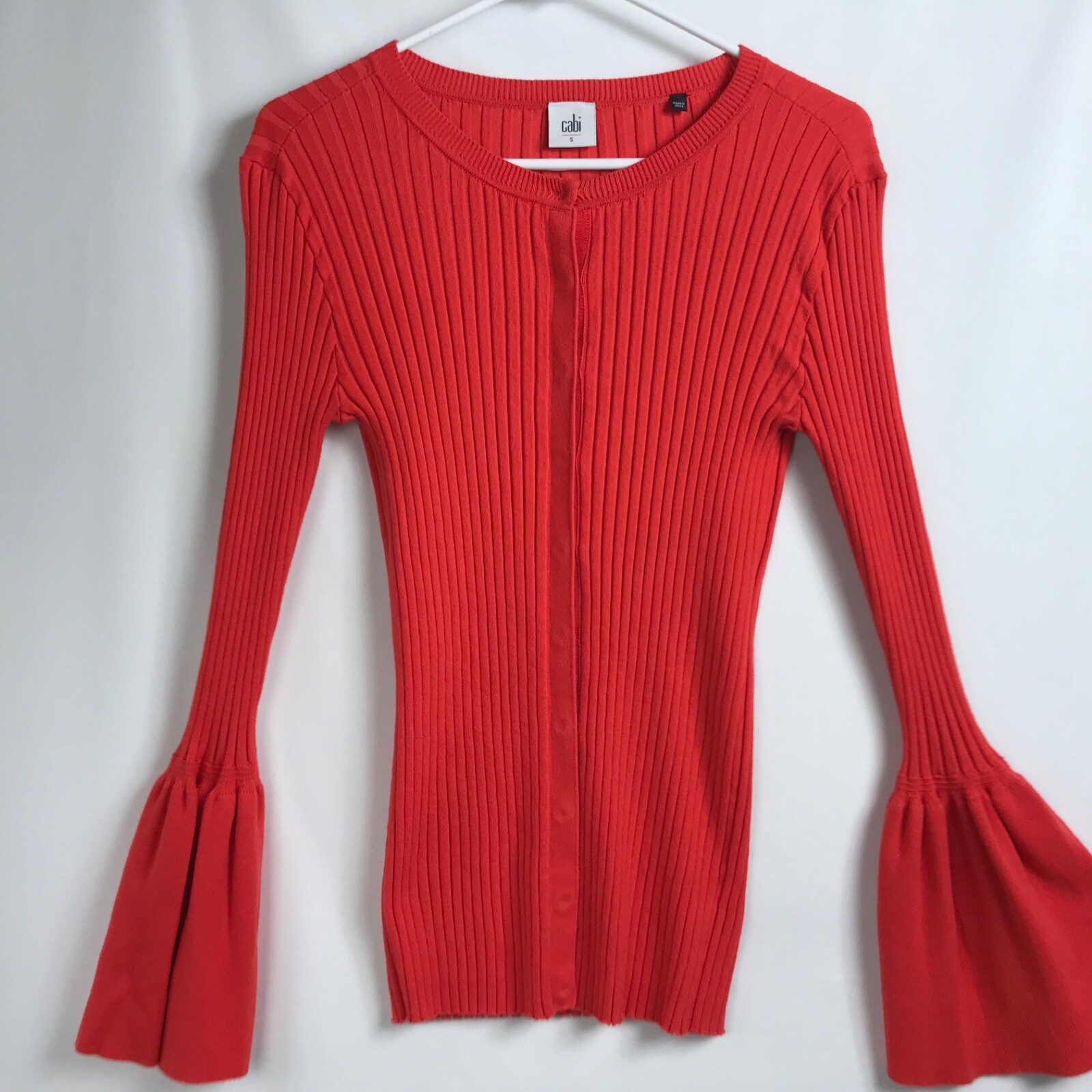 Cabi Ribbed Cardigan Sweater Womens Small Bell Sleeve Trumpet Orange ...