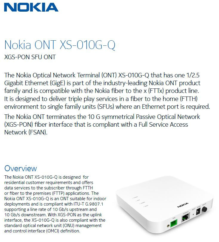 Nokia New XS-010G-Q XGS PON ONT, 1x 100M/1G/2.5G, US power plug | eBay