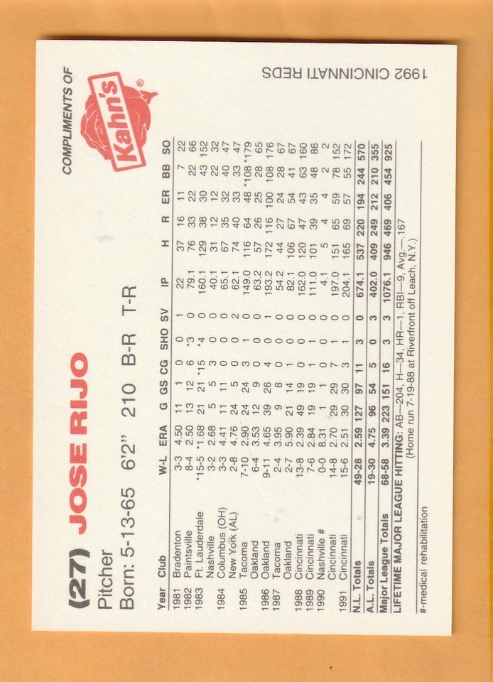 Jose Rijo Cincinnati Reds 1992 Reds Kahn's #27 | eBay