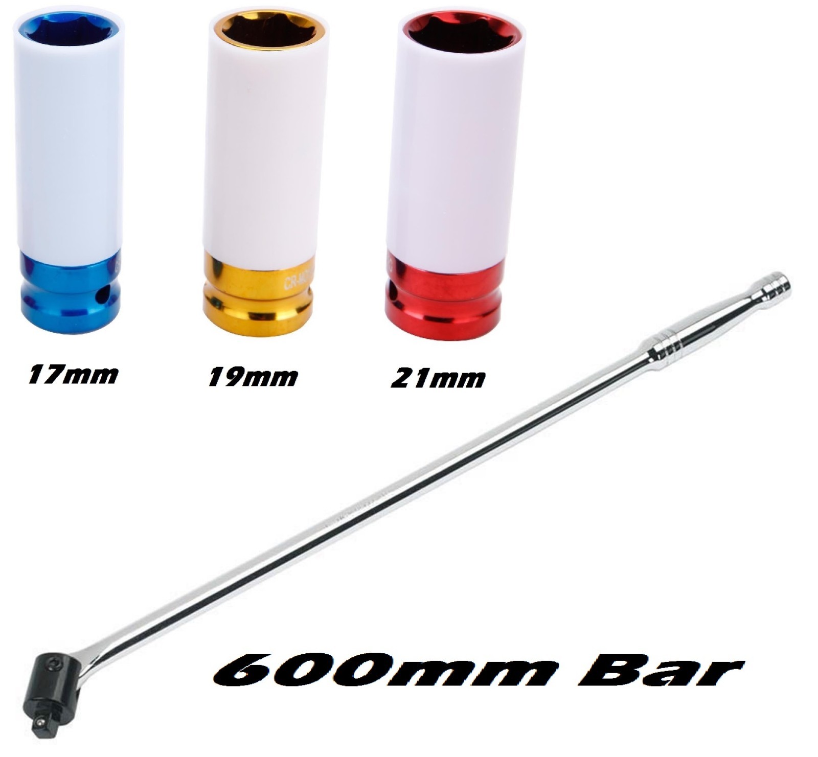 600mm Breaker Bar 1/2" Drive Alloy Wheel Sockets 17mm, 19mm & 21mm ...