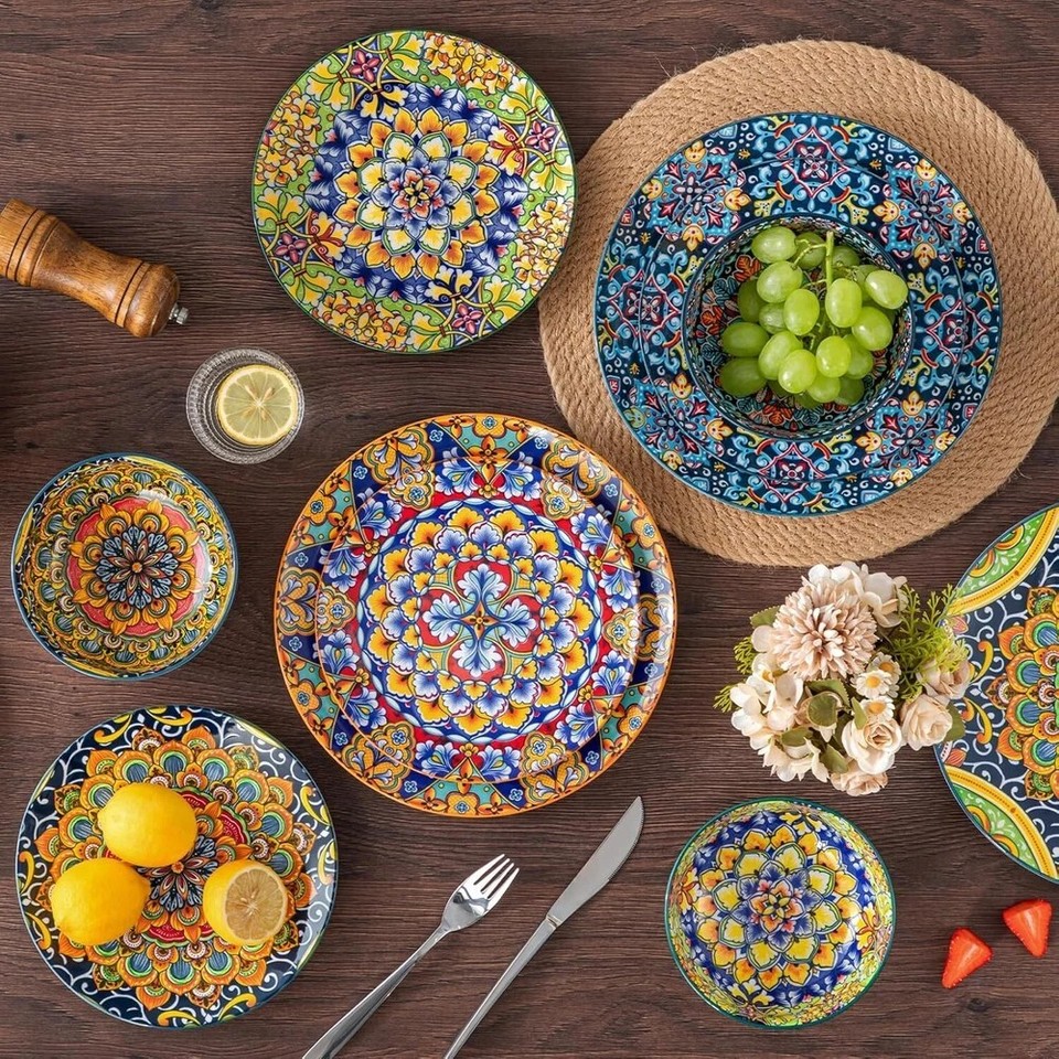 Floral Boho Dinnerwear Dish Set Ceramic Pates Bowls Bohemian Style, 12 ...