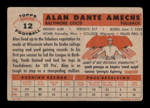 1956 Topps #12 Alan Ameche VG X3012107 | eBay