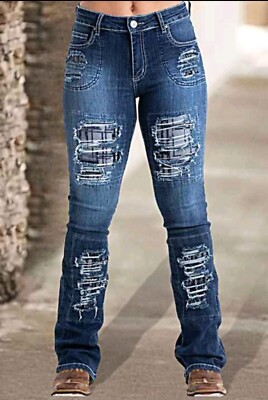 NWT Flamingo Vintage Stripe Print Ripped Mid Waist Bootcut Jeans Large ...