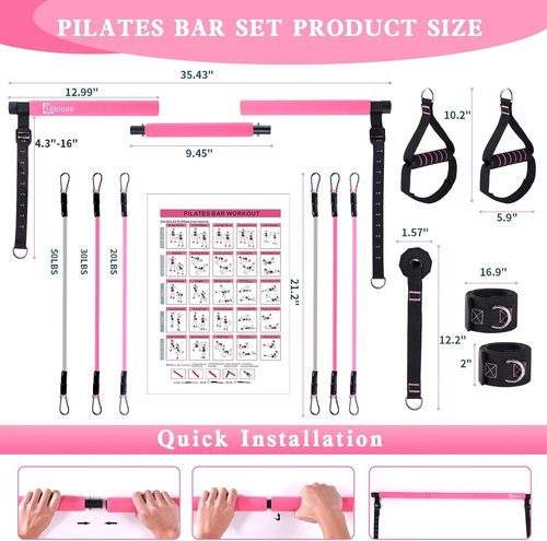 Pilates Bar Kit with Resistance Bands,Pilates Adjustable(Pink 20/30 ...