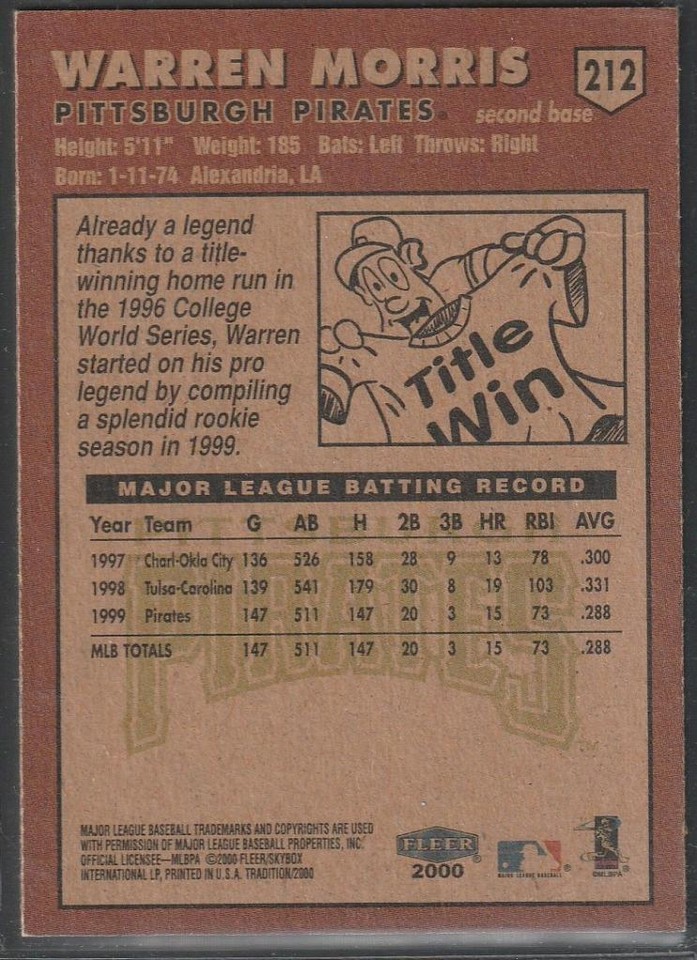 407, Original Autographs, Warren Morris; Pirates, 2000 Fleer Tradition ...