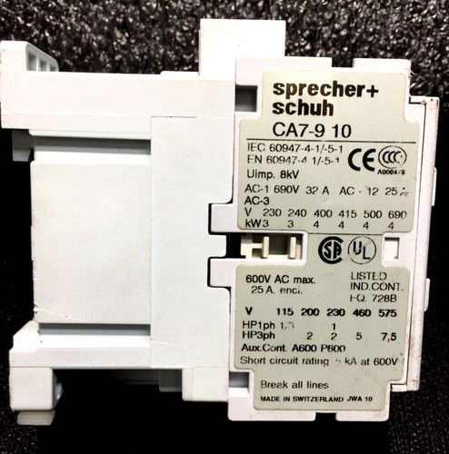 SPRECHER+ SCHUH CA7-9 10, 120 VAC COIL , 25A, 600V 3POLE CONTACTOR | eBay