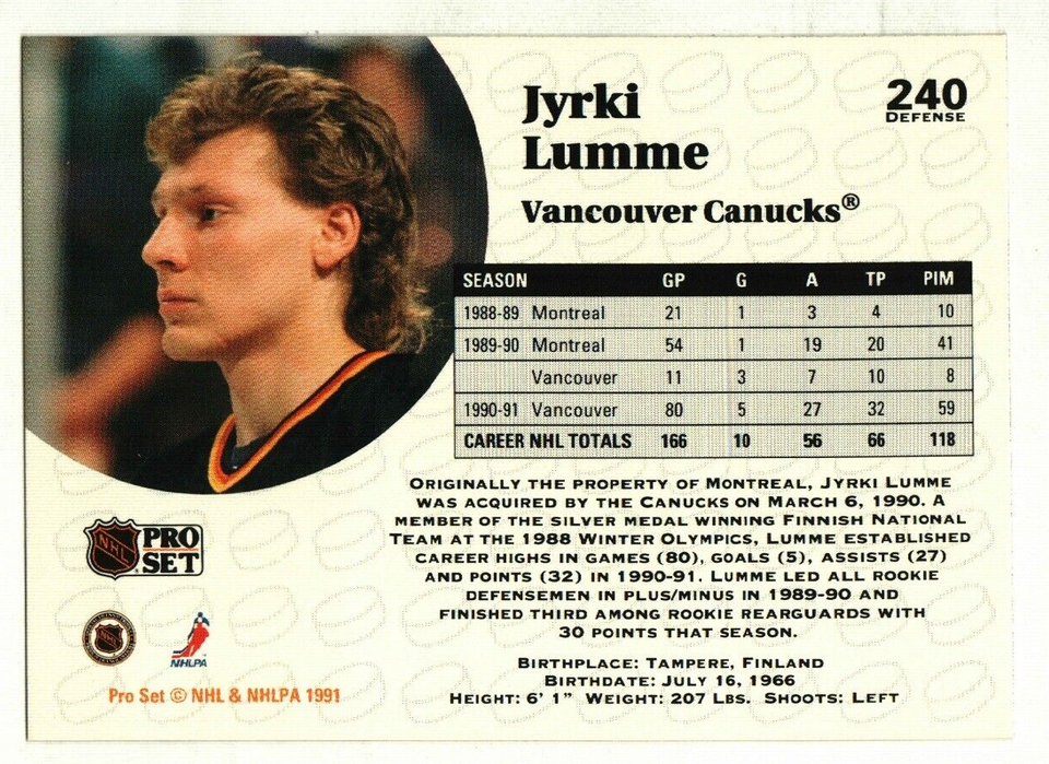1991-92 PRO SET HOCKEY CARD - #240 JYRKI LUMME VANCOUVER CANUCKS | eBay