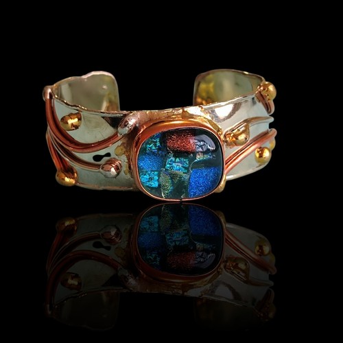 7.5in Copper Brass Modernist Brutalist Dichroic Glass Cuff Bracelet ...