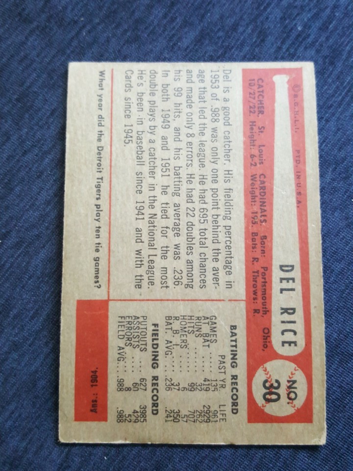 1954 Bowman #30 Del Rice EX No Creases St Louis Cardinals | eBay