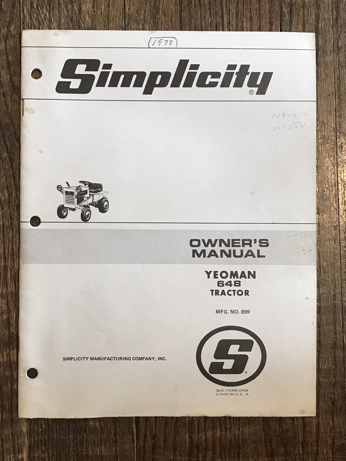 Simplicity Owner's Manual Yeoman 648 Tractor | eBay