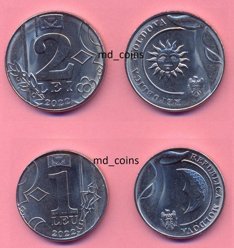 RARE! Moldova 2022 1 lei +2 lei coins set Uncirculated from mint roll ...