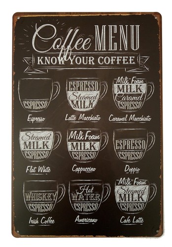 Coffee Menu Know Your Coffee Tin Sign Wall Retro Metal Bar Pub Poster ...