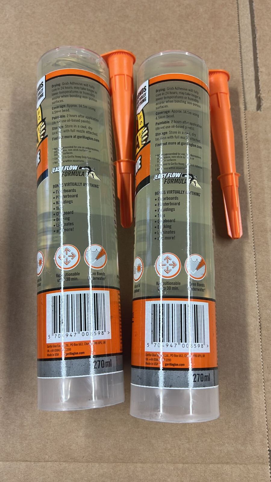 2 x Gorilla Heavy Duty Grab Adhesive Trade Mastic - Crystal Clear Bond ...