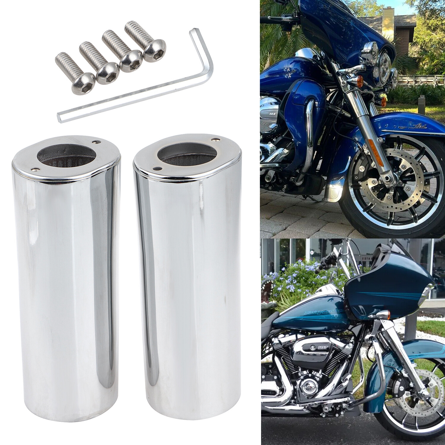+2" Extended Chrome Fork Cans Boots Cover For Harley Touring Road Glide ...