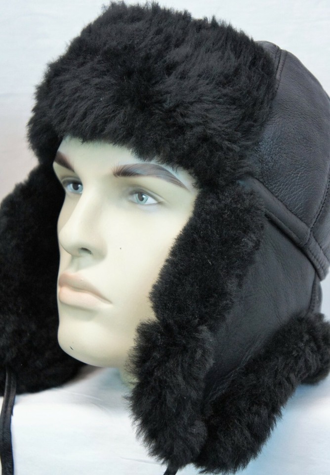 Real Sheepskin Shearling Leather Winter Trapper Ushanka Hunting Fur Hat ...
